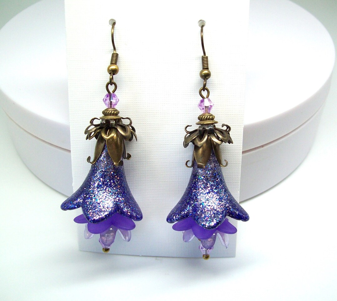 Purple Earrings Diva Bling Sparkling Flower Earrings Dangle Drop ...