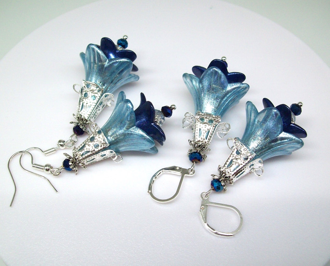 Boho Flower Earrings Dangle, Blue, Silver, Hand Painted, Floral Jewelry ...
