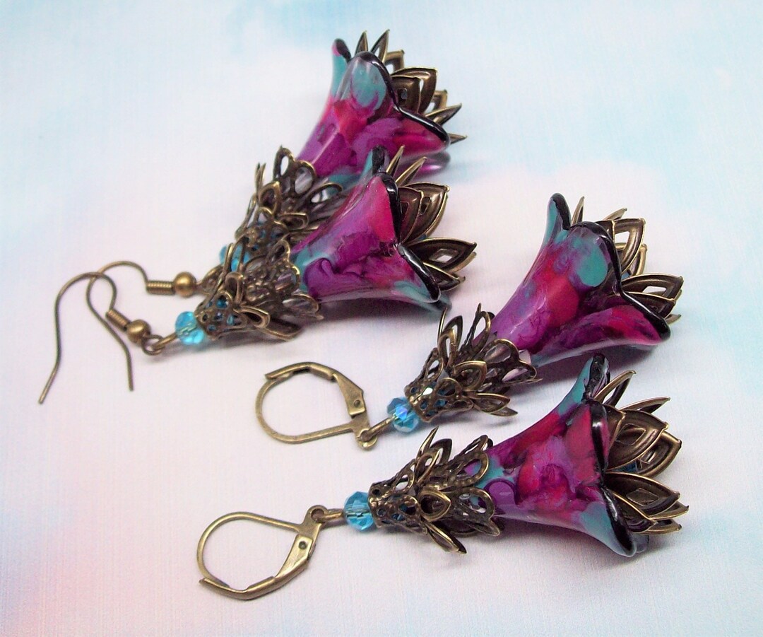 Flower Earrings Dangle, Art Nouveau, Vintage Style, Bronze, - Etsy