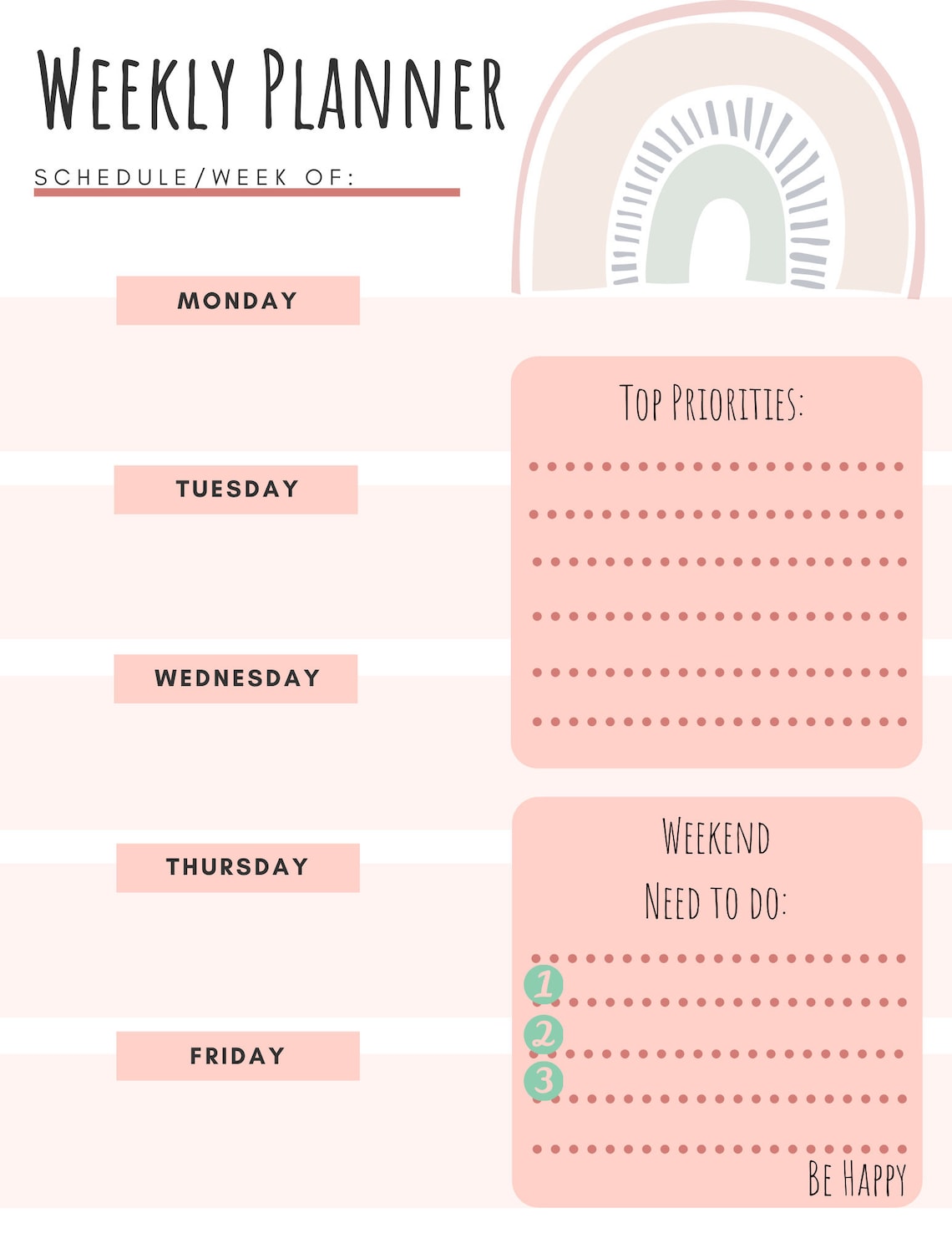 Boho Rainbow, Printable Weekly Planner, to Do List, Weekly Schedule ...