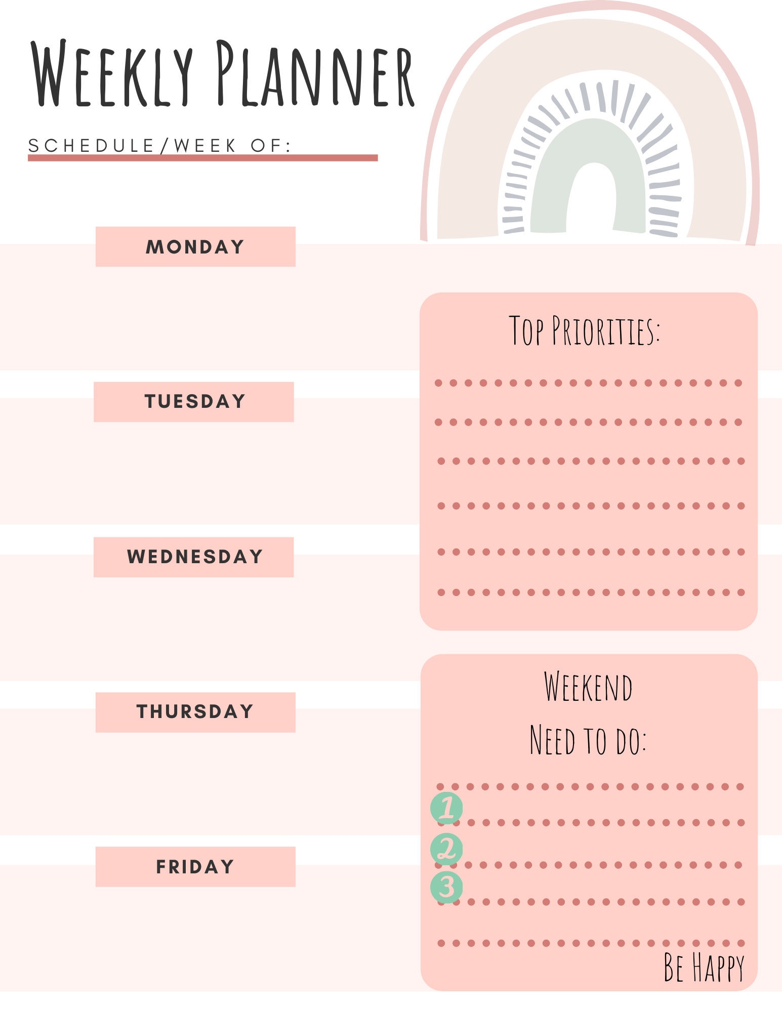 Boho Rainbow, Printable Weekly Planner, to Do List, Weekly Schedule ...