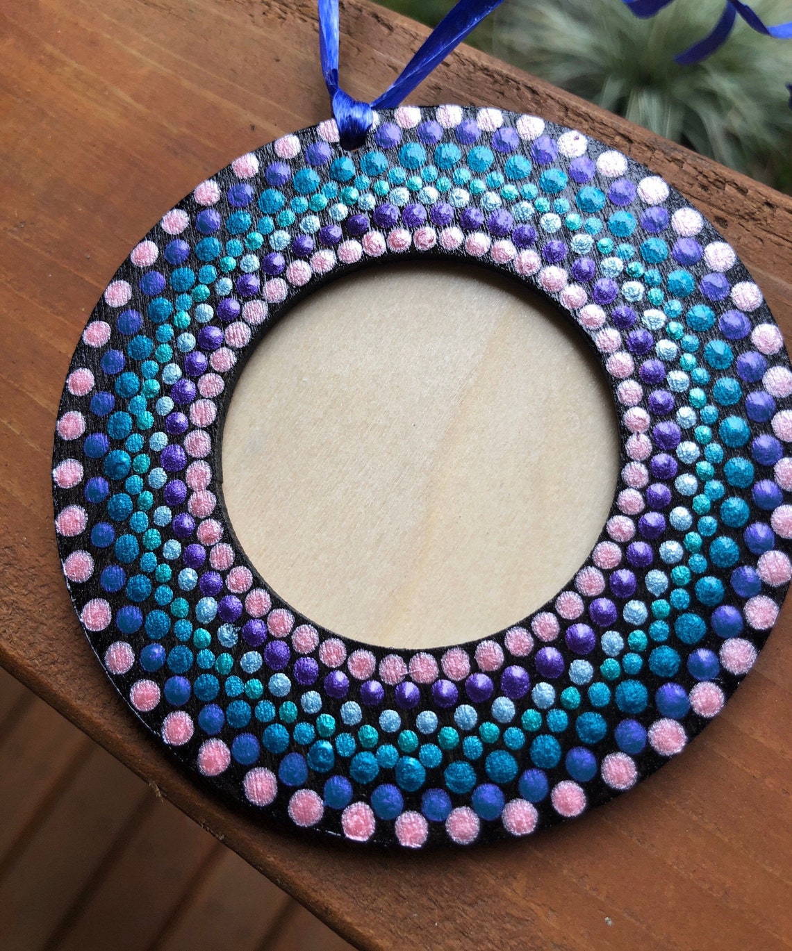 Round Picture Frame or Ornament Acrylic Dot Painted in Wood in Mandala ...
