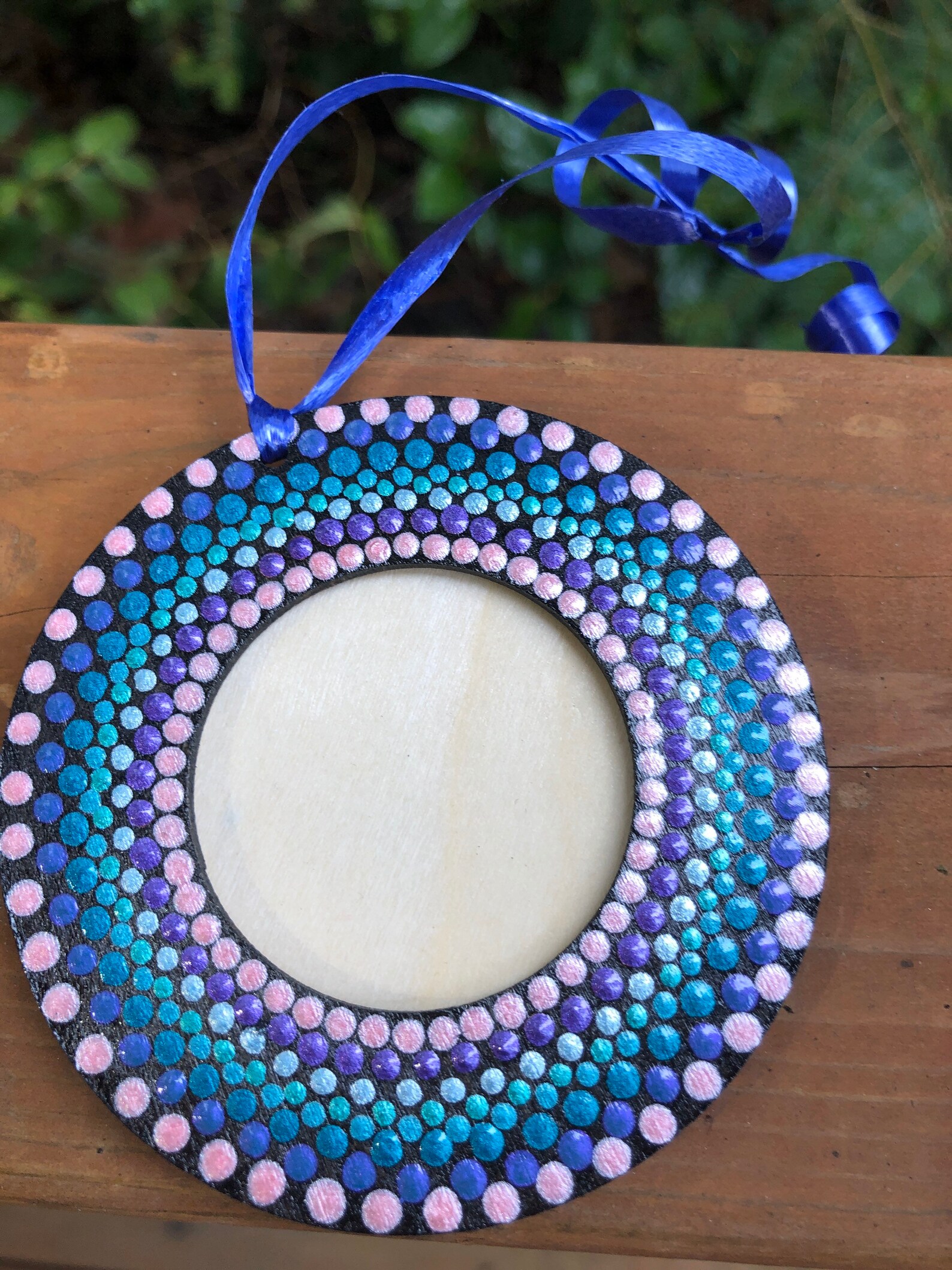 Round Picture Frame or Ornament Acrylic Dot Painted in Wood in Mandala ...