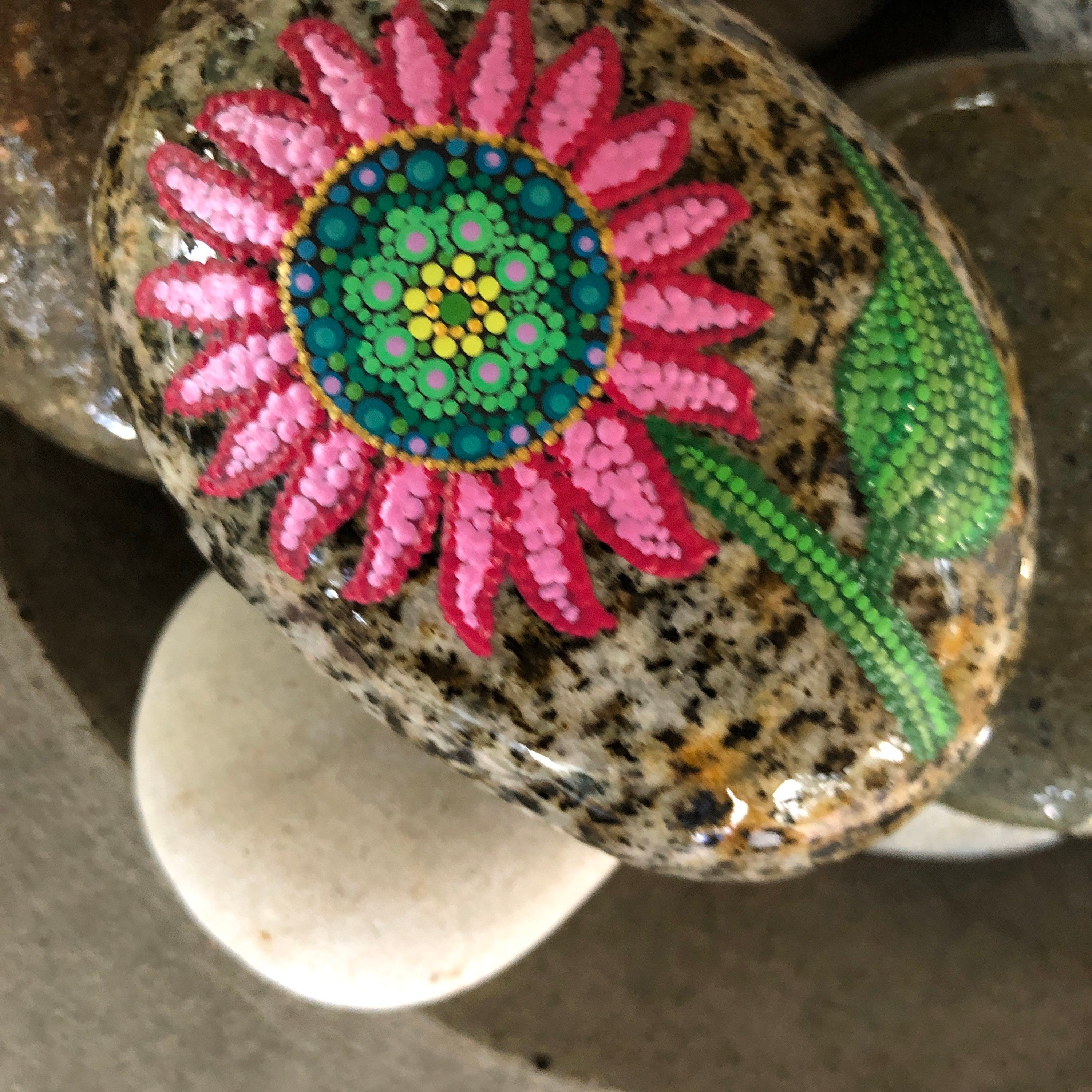 Dot painted flower design on natural stone. | Etsy
