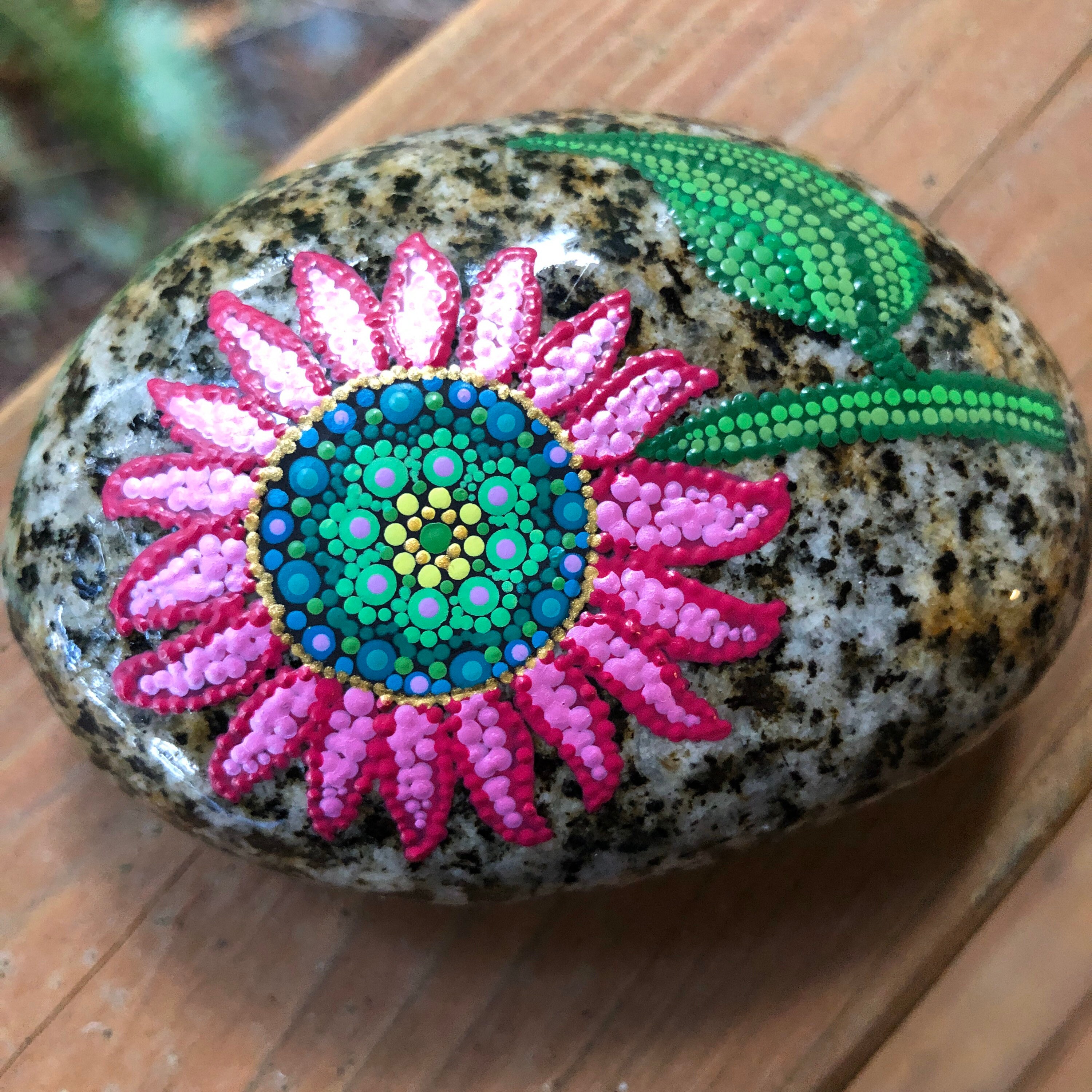 Dot painted flower design on natural stone. | Etsy