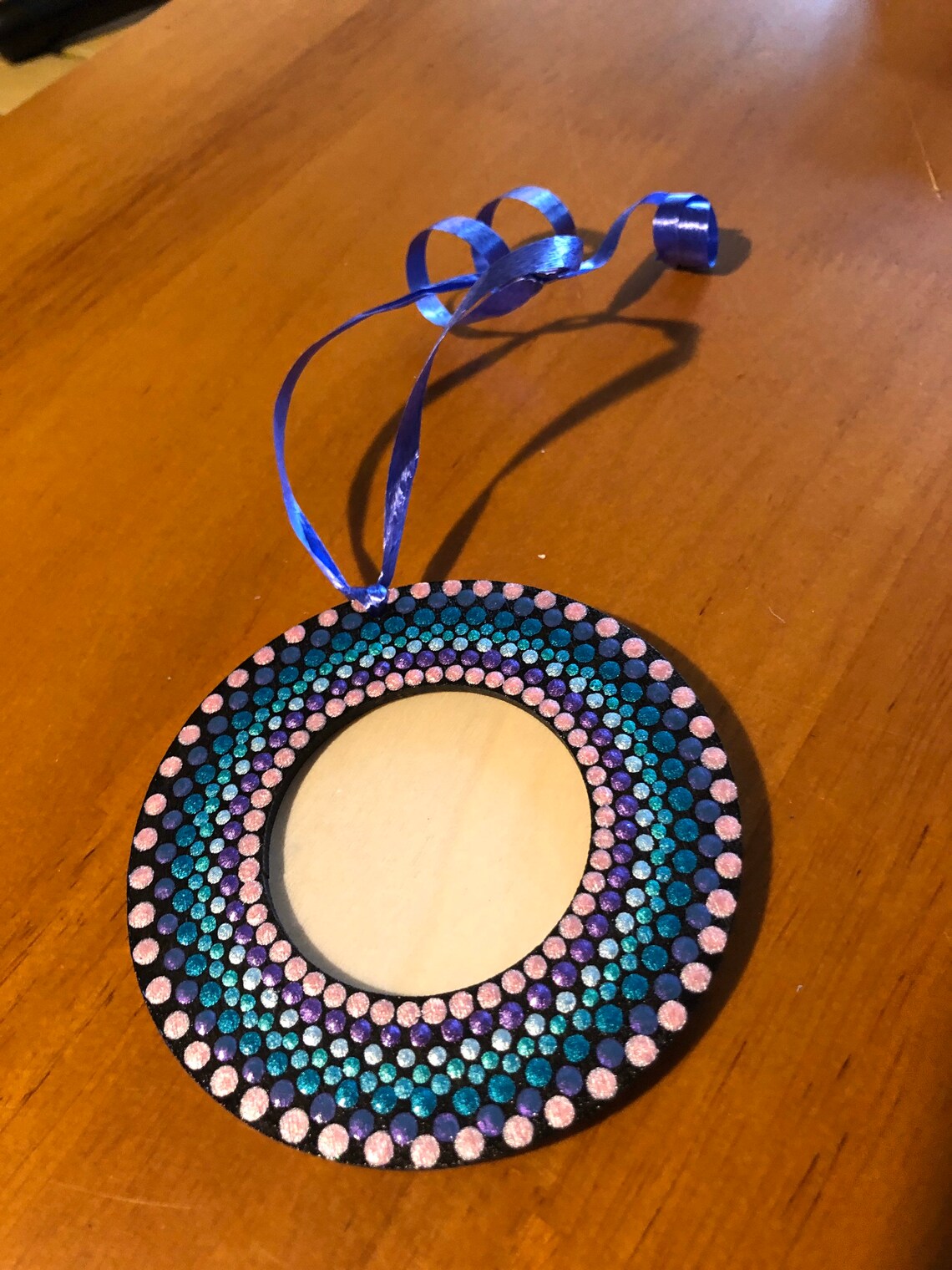 Round Picture Frame or Ornament Acrylic Dot Painted in Wood in Mandala ...
