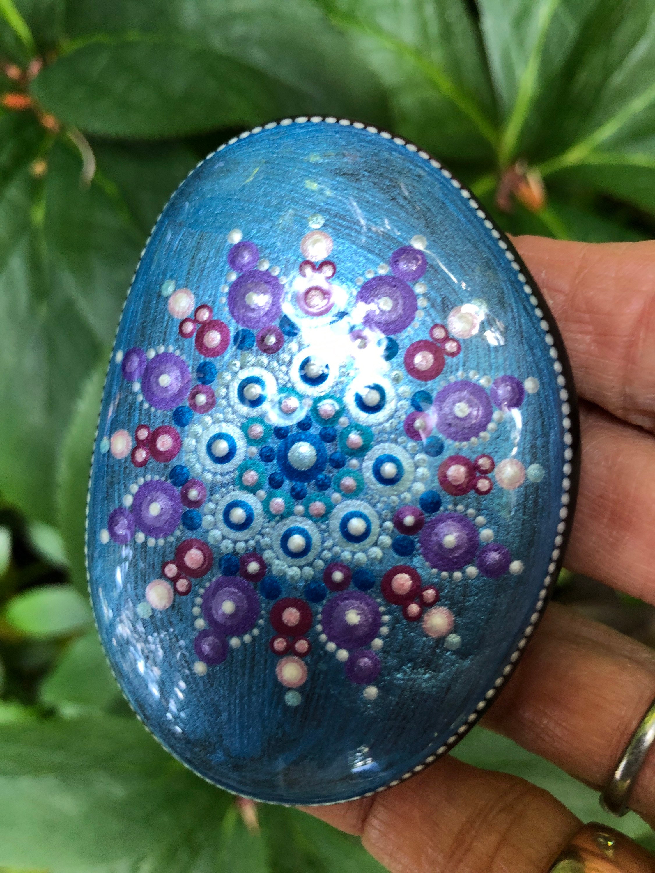 Mandala Dot Rock Painting on Natural Stone in Turquoise, Purple, Pink ...