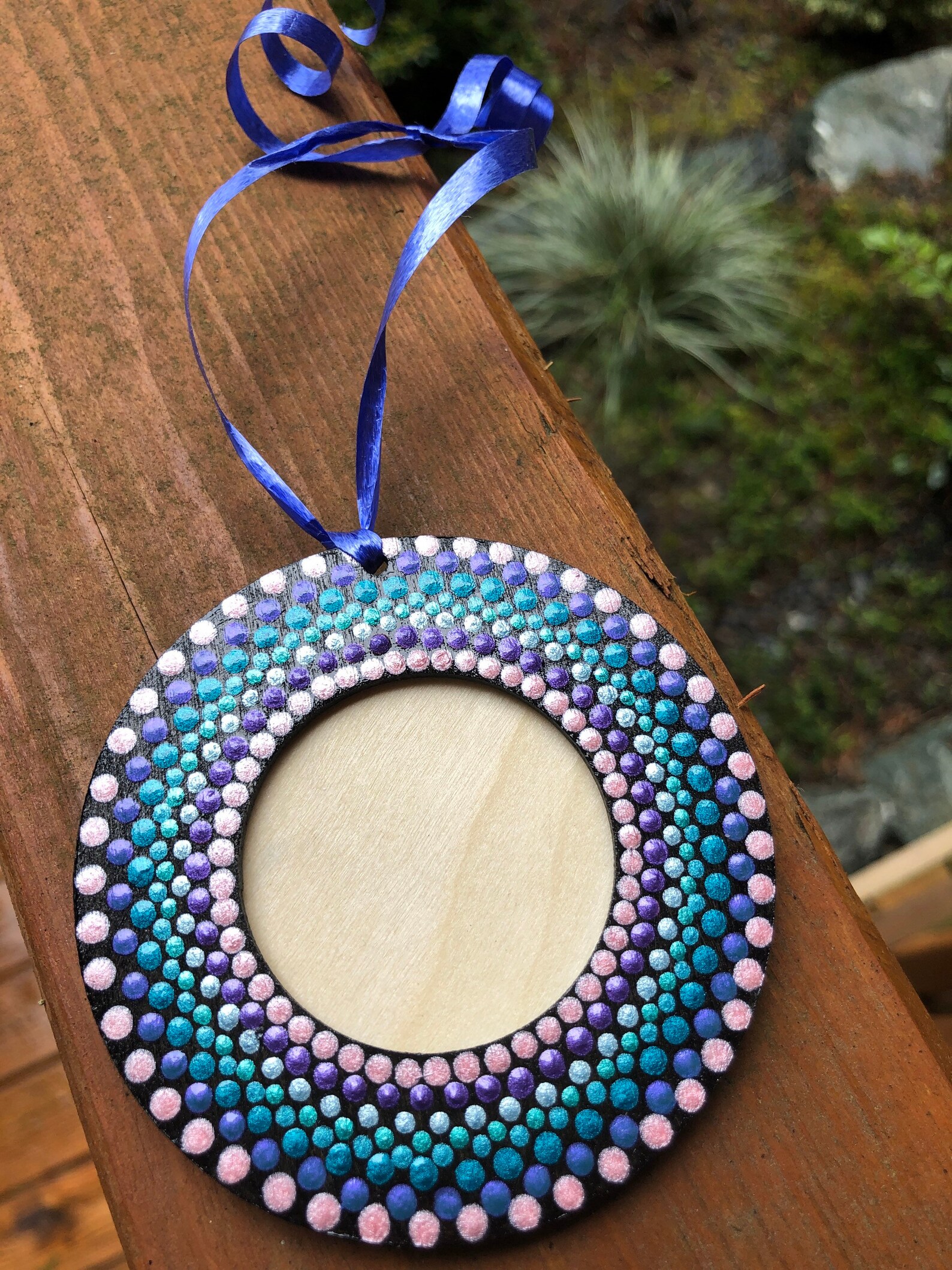 Round Picture Frame or Ornament Acrylic Dot Painted in Wood in Mandala ...