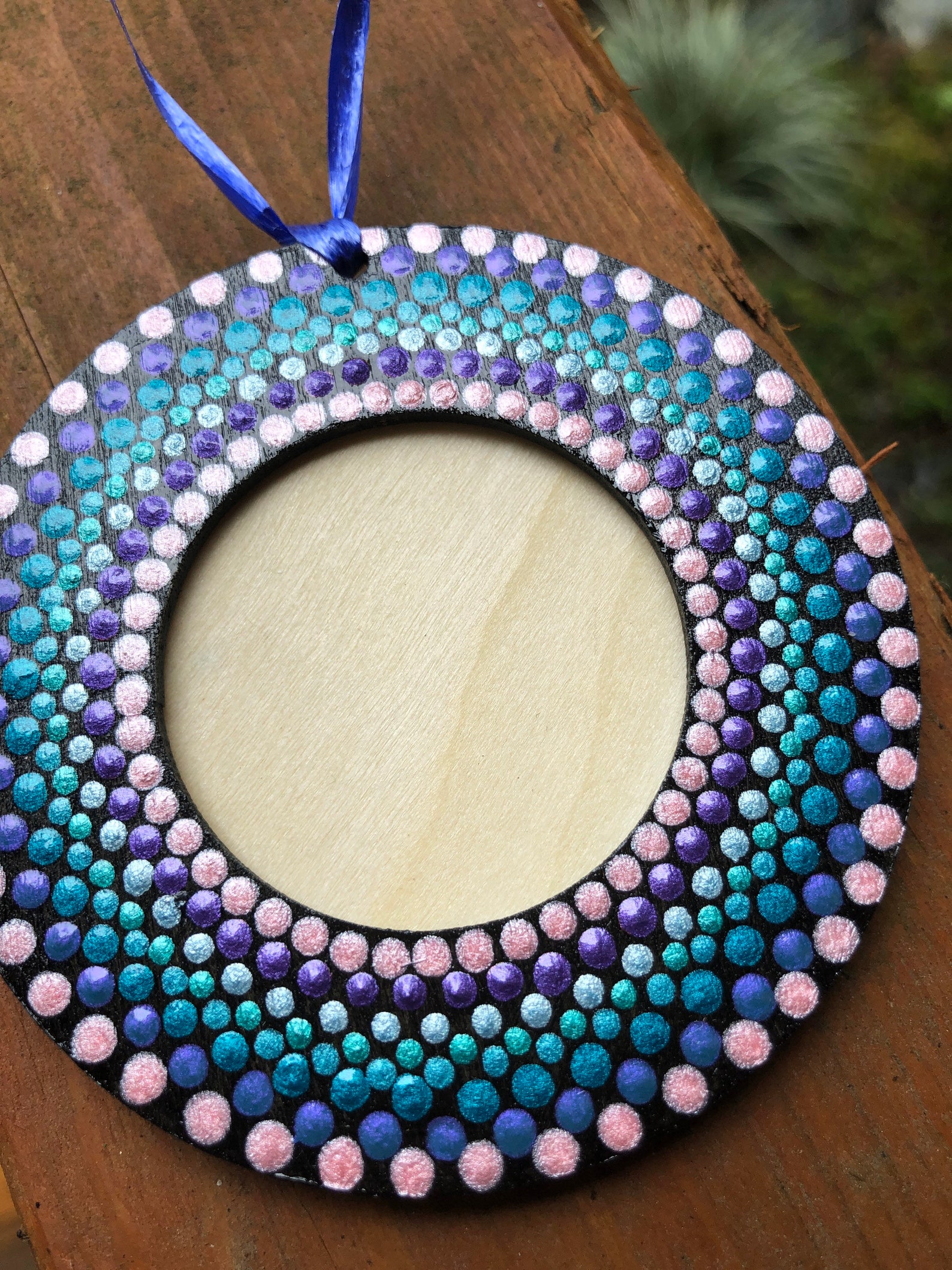 Round Picture Frame or Ornament Acrylic Dot Painted in Wood in Mandala ...