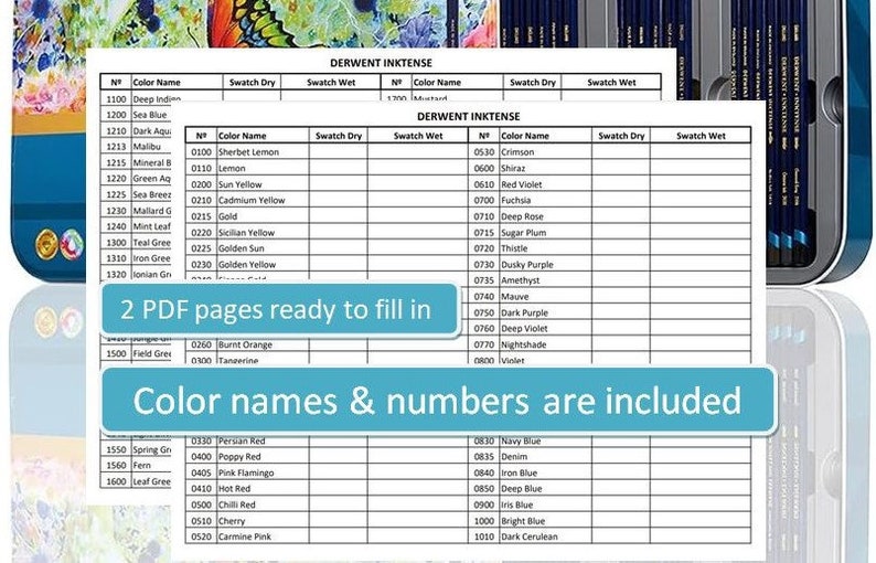 100 Inktense Color Chart Template Instant Download Digital PDF Download ...