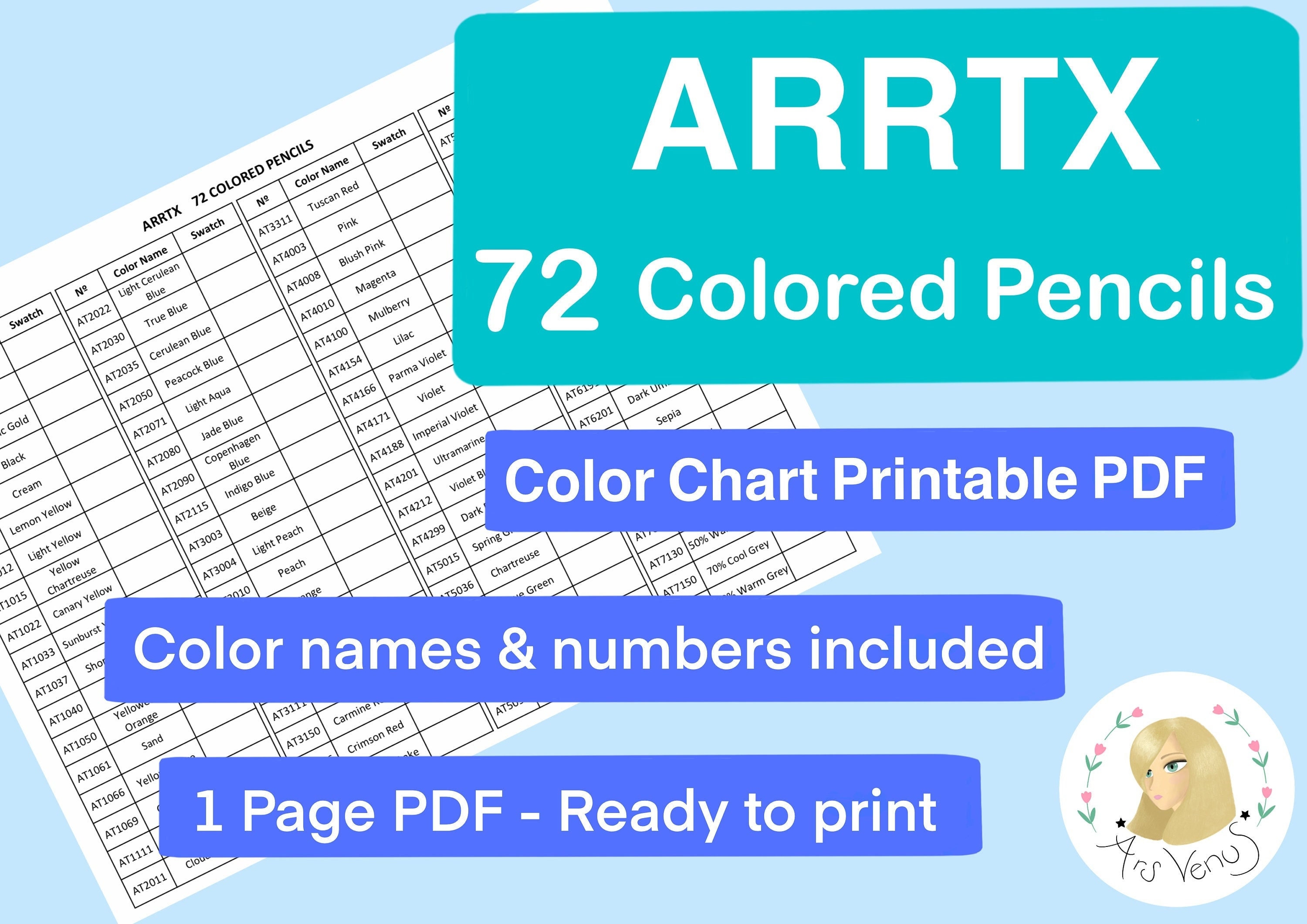 Swatch Sheet for Arrtx Colored Pencils 72- Instant Download File | Digital PDF | Download and ...