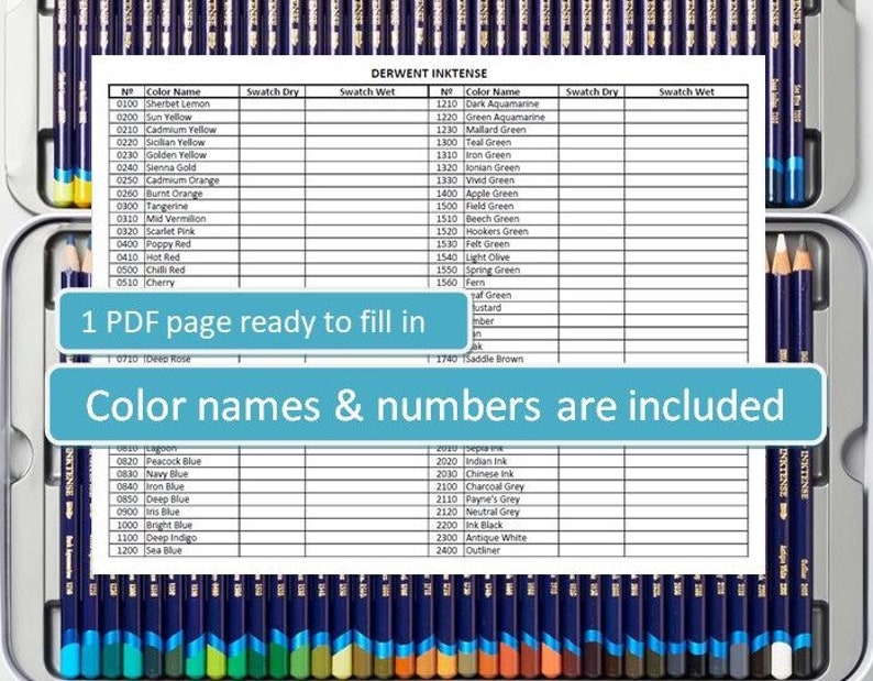 72 Inktense Color Chart Template - Instant Download | Digital PDF ...