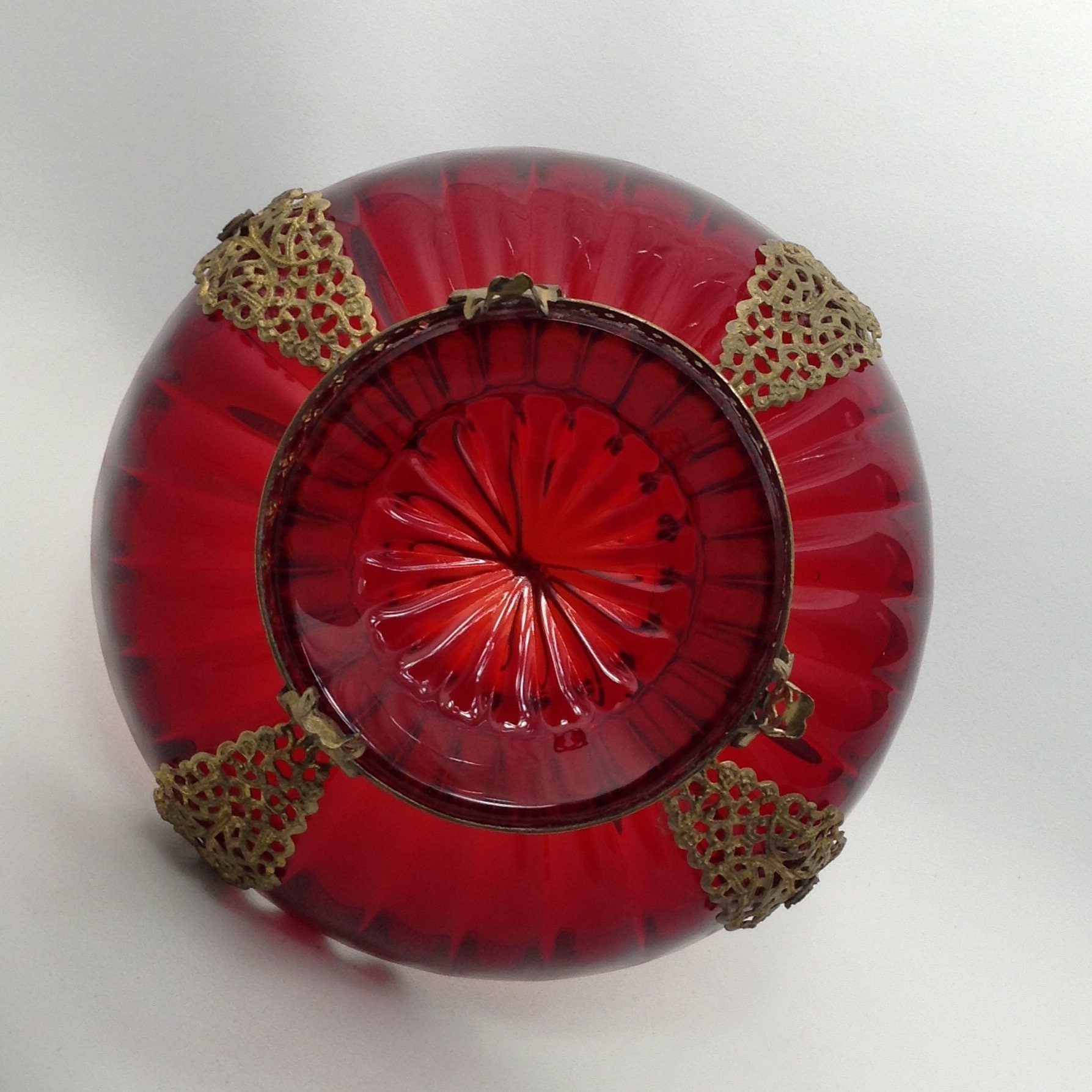 Imperial Ruby Red Glass Scalloped Fluted Pillar Round Bowl in Brass ...