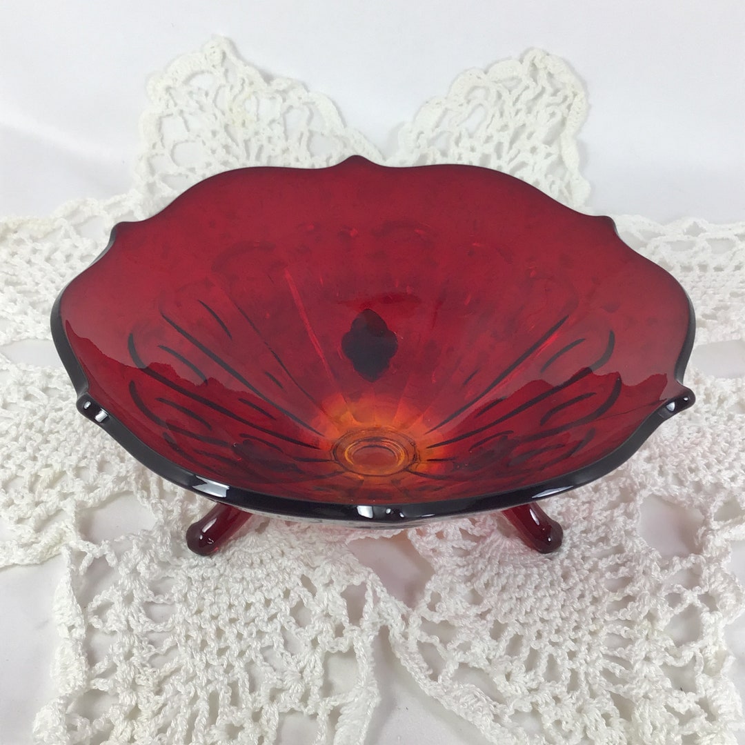 Vintage Fenton Ruby Red Glass Amber Center Scalloped Three Footed Bowl ...