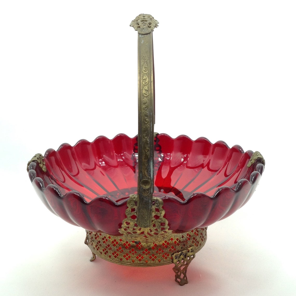Imperial Ruby Red Glass Scalloped Fluted Pillar Round Bowl in Brass ...