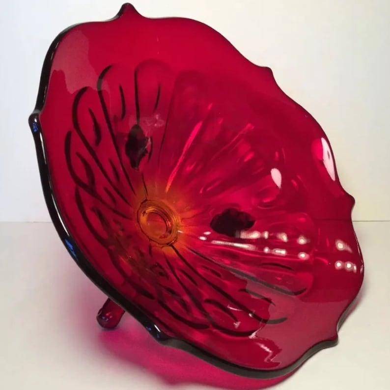 Vintage Fenton Ruby Red Glass Amber Center Scalloped Three Footed Bowl ...