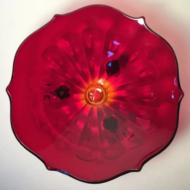Vintage Fenton Ruby Red Glass Amber Center Scalloped Three Footed Bowl ...
