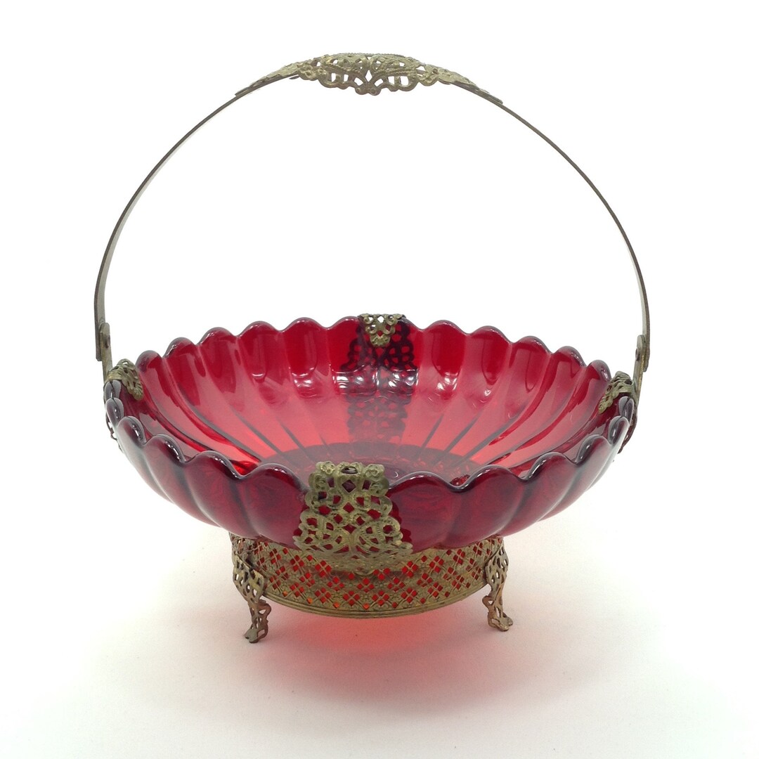 Imperial Ruby Red Glass Scalloped Fluted Pillar Round Bowl in Brass ...