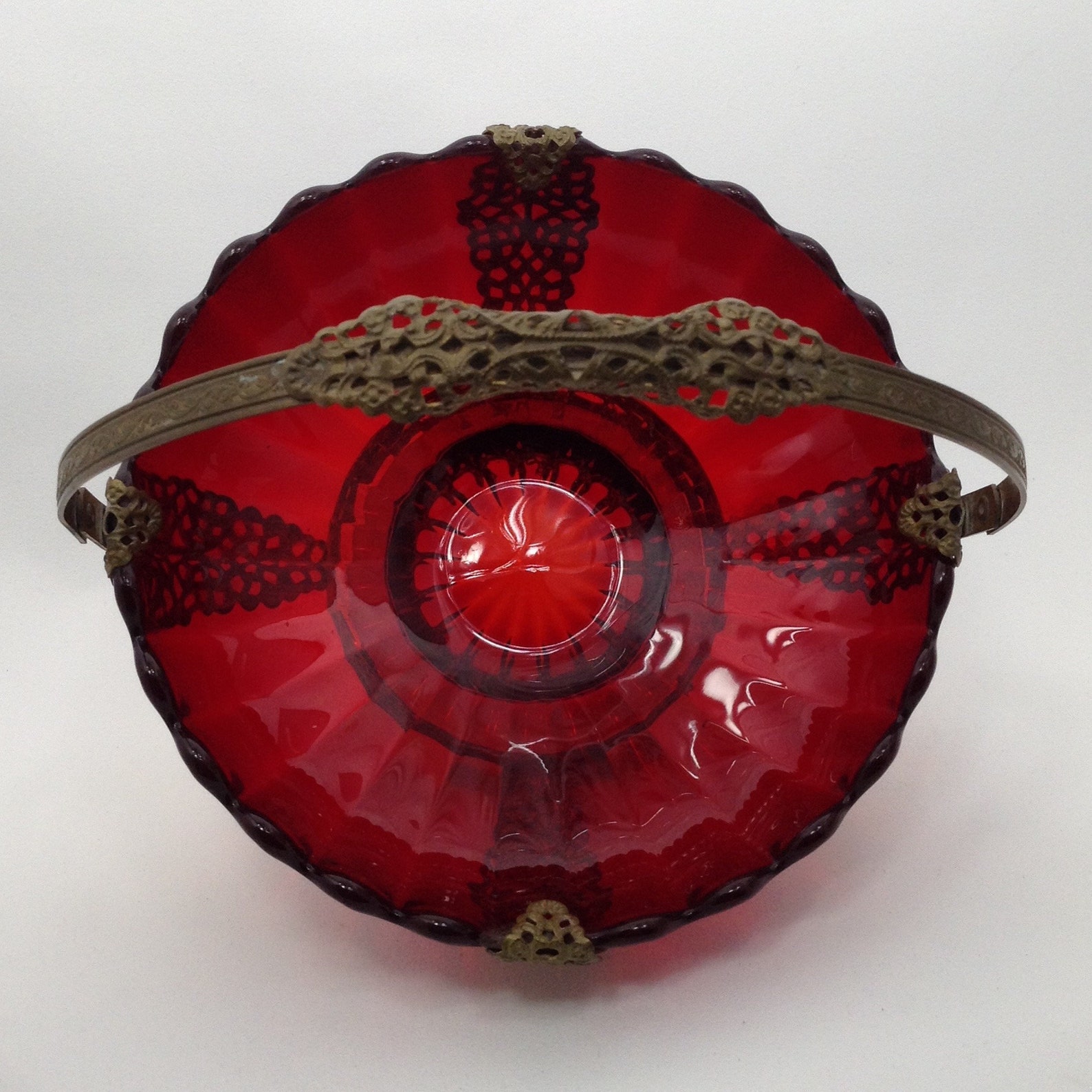Imperial Ruby Red Glass Scalloped Fluted Pillar Round Bowl in Brass ...