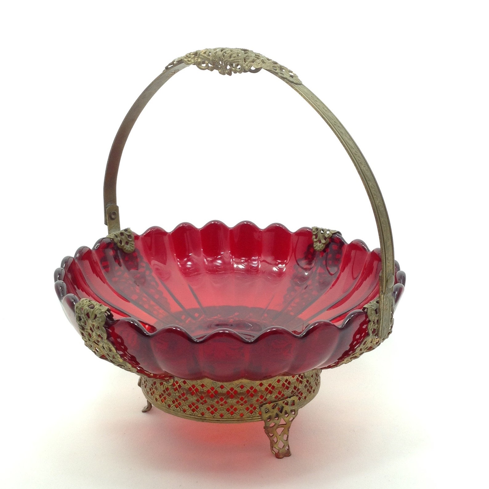 Imperial Ruby Red Glass Scalloped Fluted Pillar Round Bowl in Brass ...
