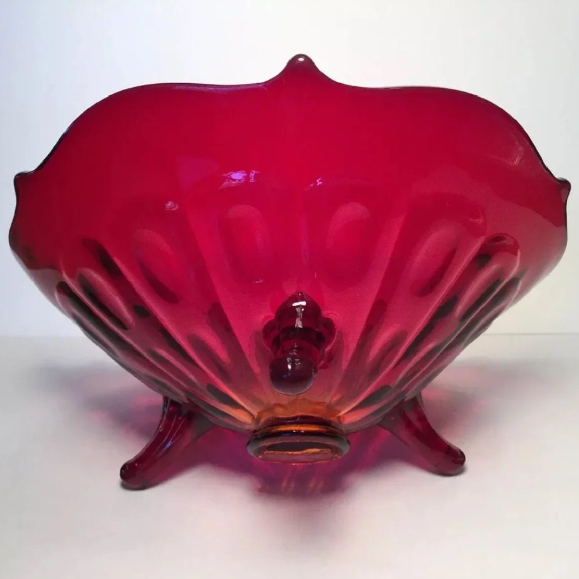 Vintage Fenton Ruby Red Glass Amber Center Scalloped Three Footed Bowl ...