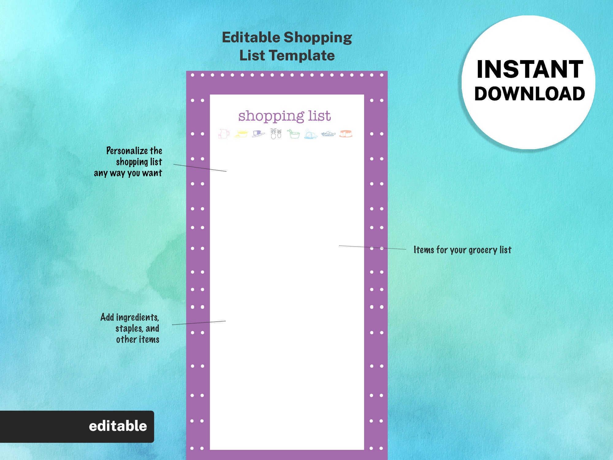 Weekly Shopping List Template, EDITABLE Grocery List, Food Planner ...