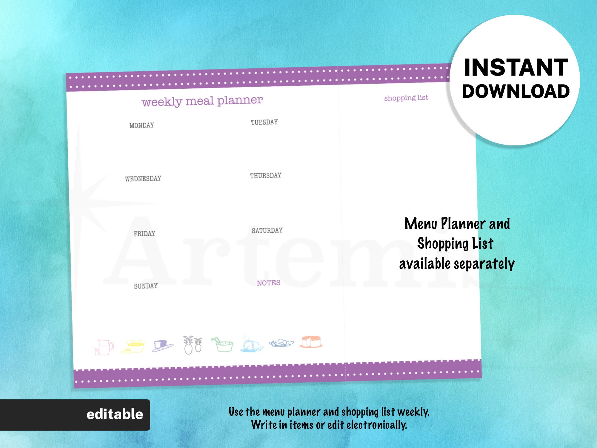 Weekly Meal Planner Template, Digital Food Planner Kit, EDITABLE Menu ...