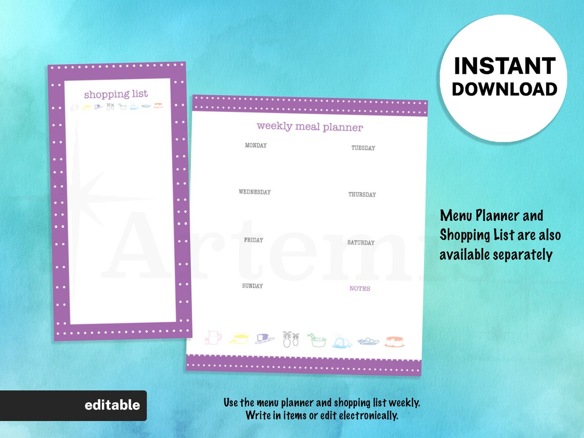 Weekly Meal Planner Template, EDITABLE Menu & Grocery List (8.5x11 ...