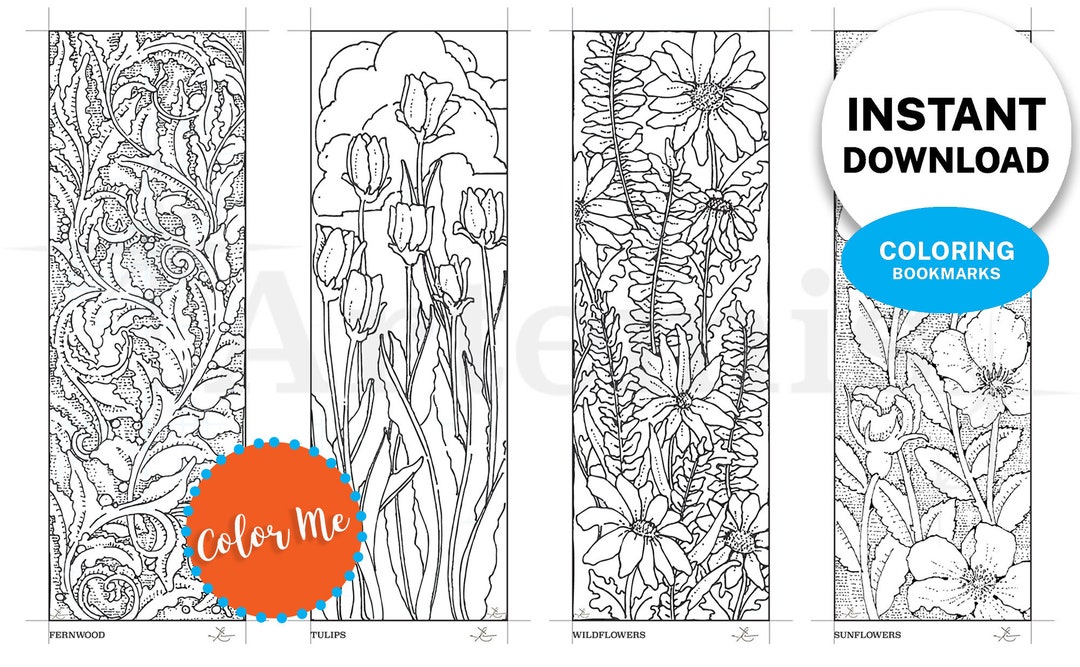 Color Your Own Printable Bookmarks, Floral Fernwood Hand Drawn, Set of ...