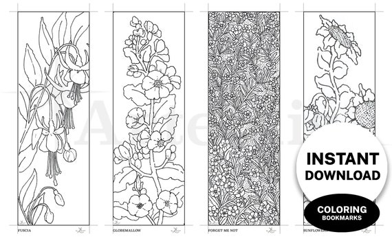 Color Your Own Printable Bookmarks Floral Fuscia Hand Drawn | Etsy