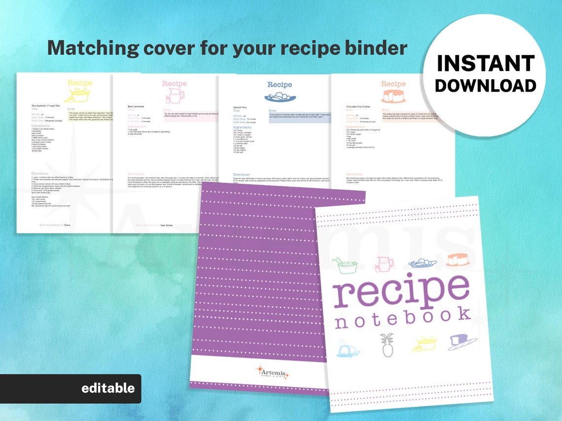Editable Recipe Binder Cover, 8.5x11 Cookbook Template (digital ...