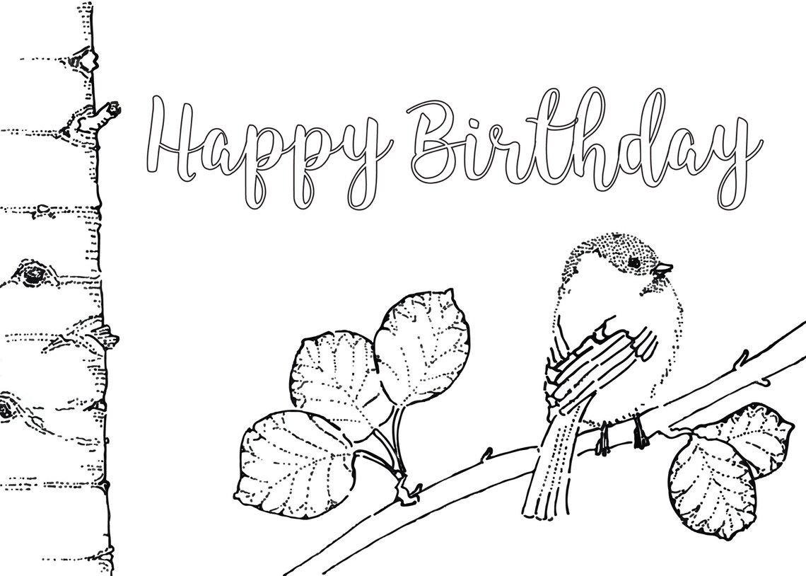 Printable Coloring Birthday Bird Card Make Your Own Cards at | Etsy