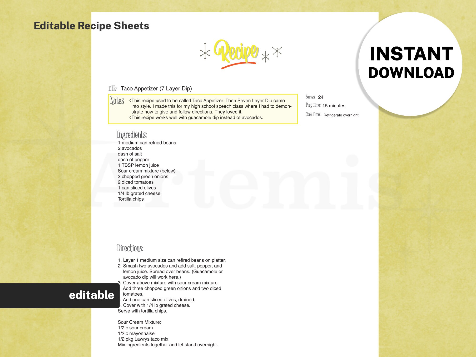 Editable Recipe Sheet Template Set, Mid-century Retro (printable PDF ...