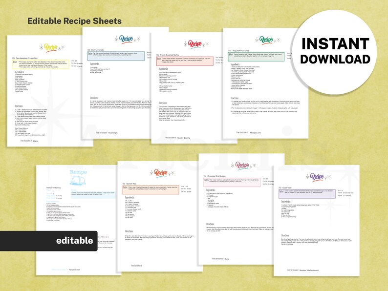 Complete Set of Recipe Sheet Templates EDITABLE Recipe Book - Etsy