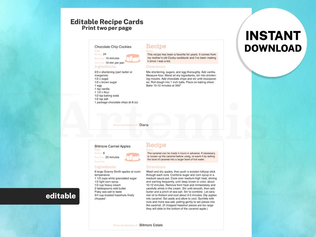 Recipe Card Desserts Template, EDITABLE Recipe Book and Binder Template ...