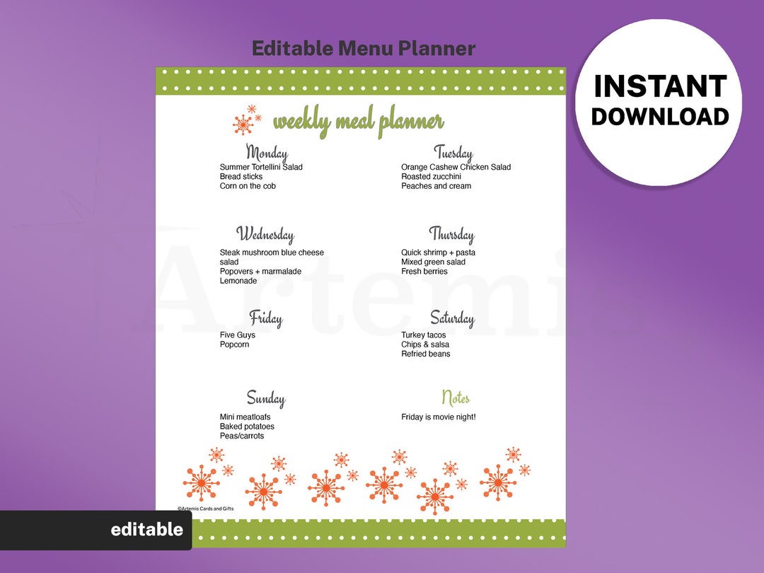 Holiday Weekly Meal Planner Template, Digital Food Planner Kit ...