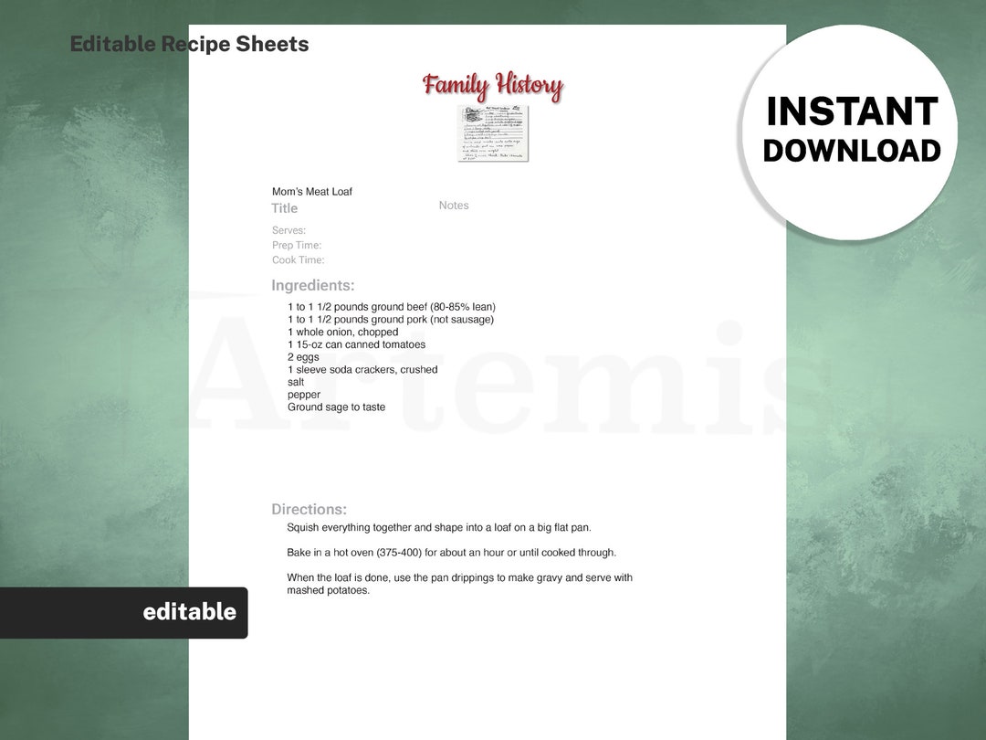 Recipe Sheet Family History Recipe Template, EDITABLE Recipe Book and ...