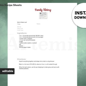 Recipe Sheet Family History Recipe Template, EDITABLE Recipe Book and ...