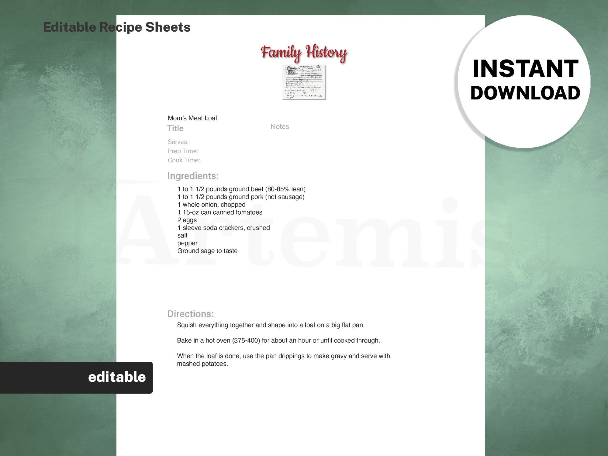 Recipe Sheet Family History Recipe Template, EDITABLE Recipe Book and ...