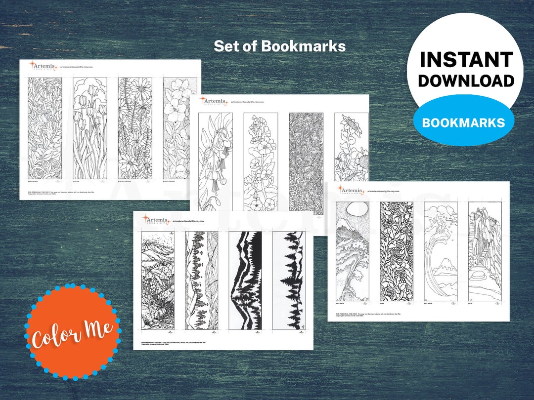 Bundle of Bookmarks - Color Your Own Printable Bookmarks, Four Sets of ...