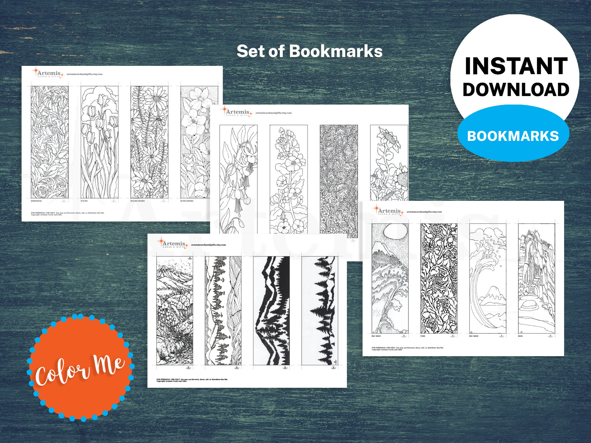 Bundle of Bookmarks - Color Your Own Printable Bookmarks, Four Sets of ...