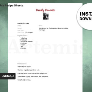 Complete Set of Family Recipe Sheet Templates, EDITABLE Recipe Book and ...