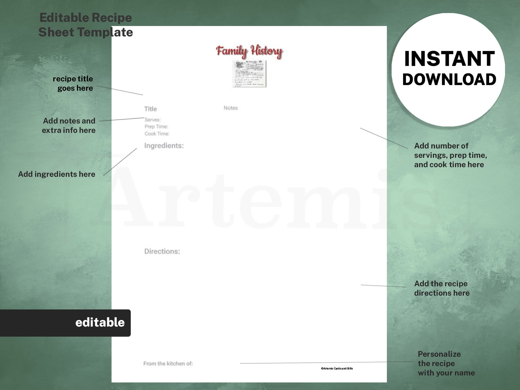 Recipe Sheet Family History Recipe Template, EDITABLE Recipe Book and ...