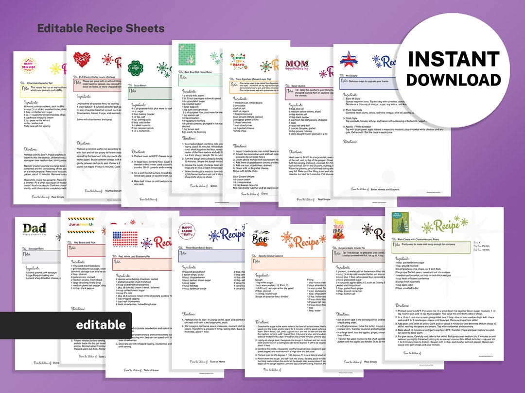 Holiday Recipe Sheet Templates, Printable Recipe Book (editable, 8.5x11 ...