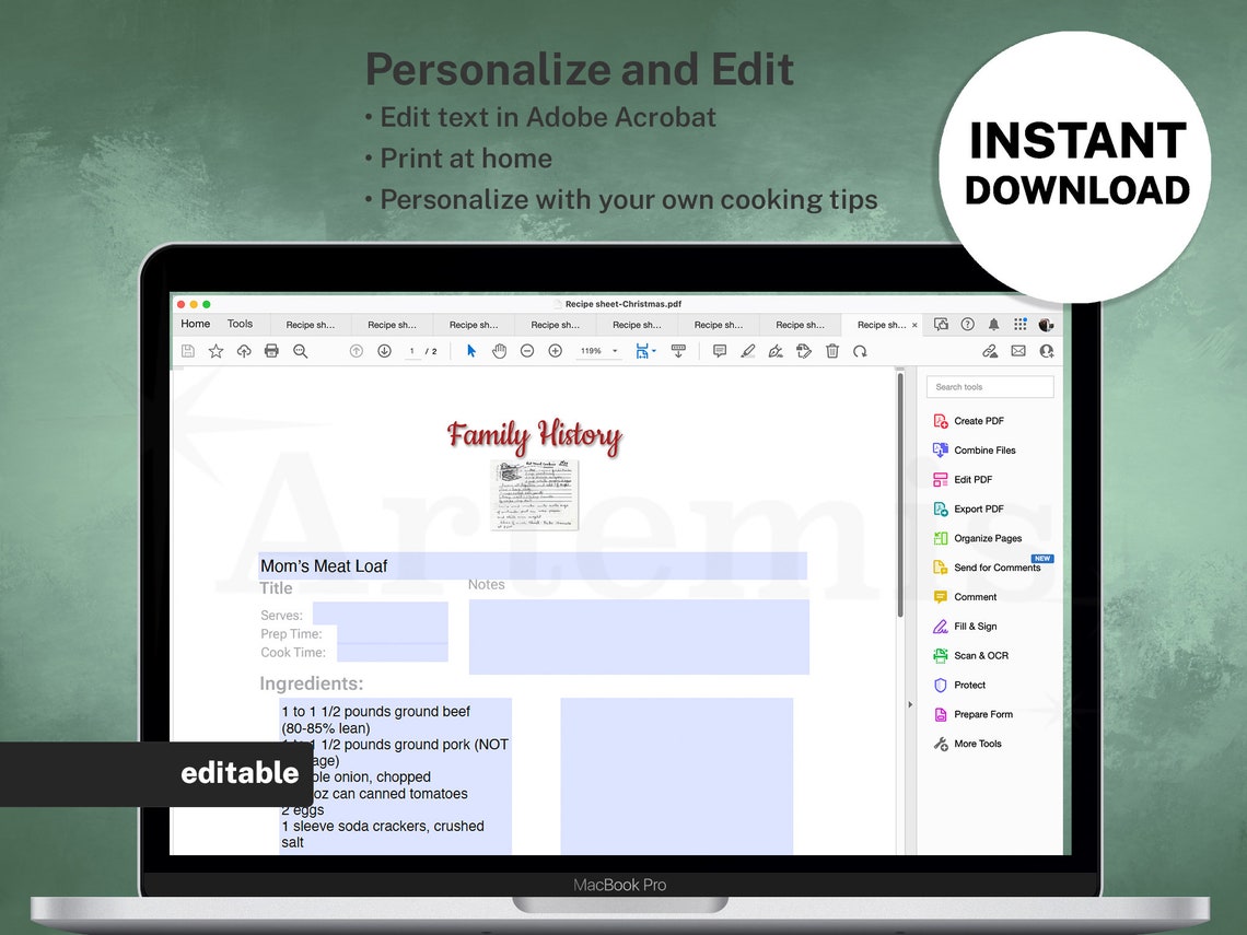 Recipe Sheet Family History Recipe Template, EDITABLE Recipe Book and ...