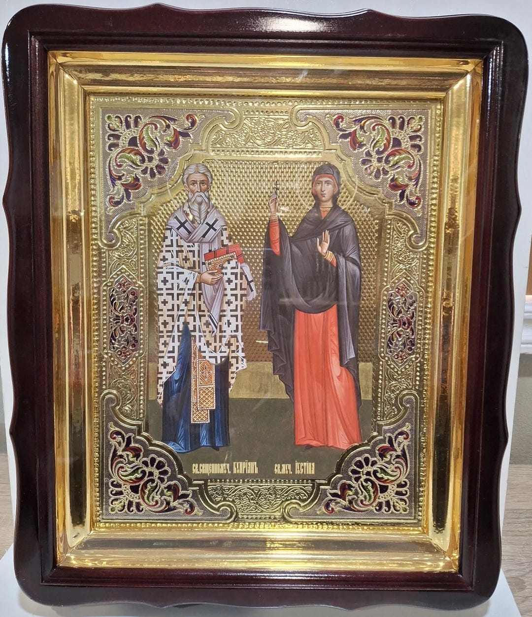 Icon in Wooden Frame Martyrs Cyprian and Justina | Icon Under Glass ...