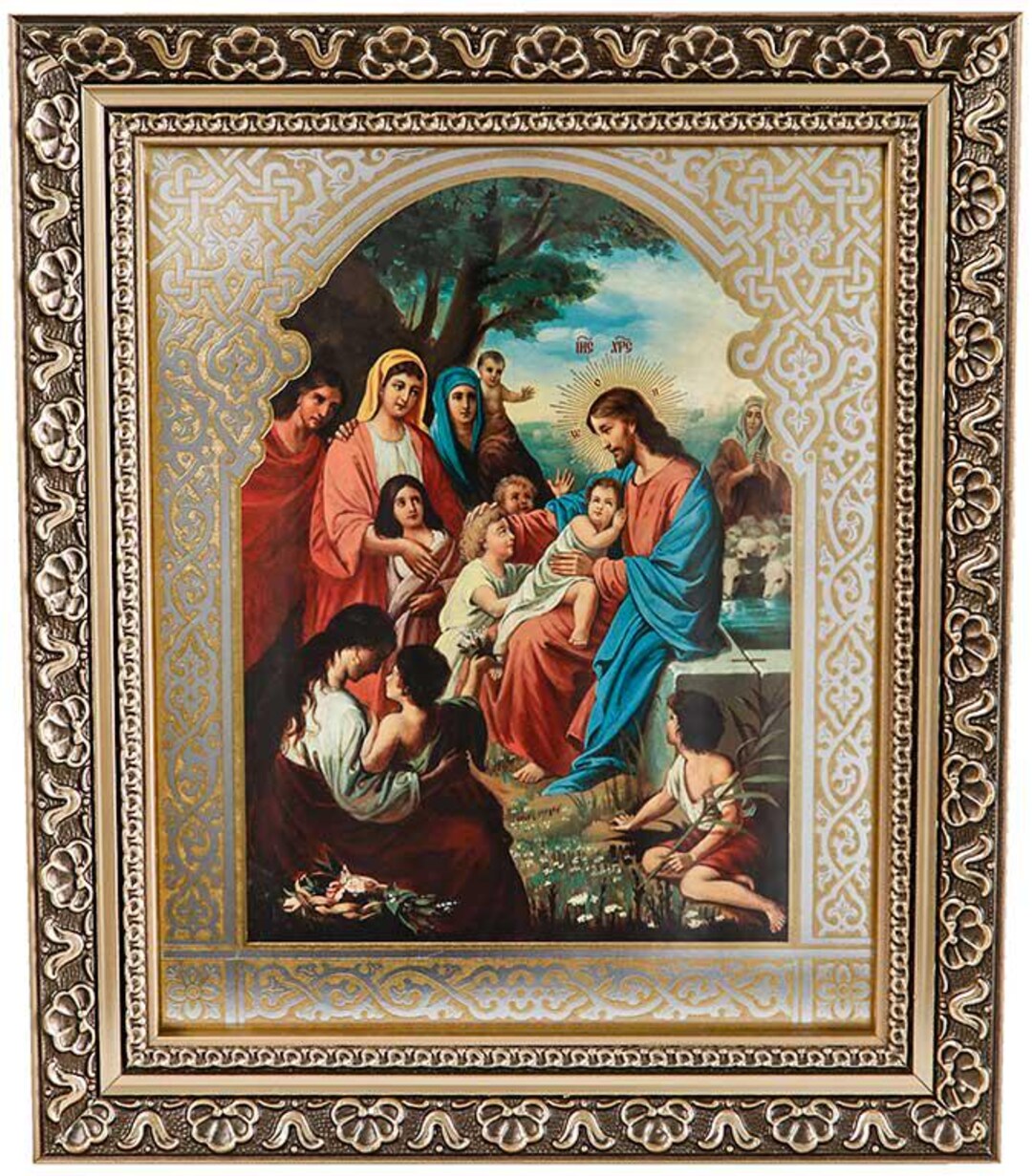 Icon Wooden Frame Jesus Christ Blesses Children | Icon Under Glass ...