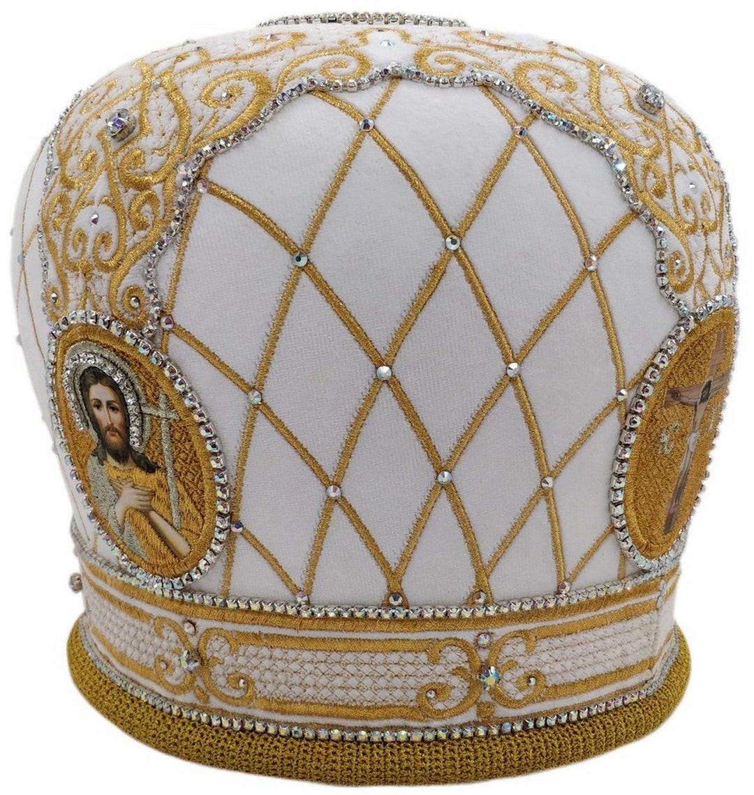 Priest White-gold Miter | High-quality Velvet Fabric Miter | Decorated ...