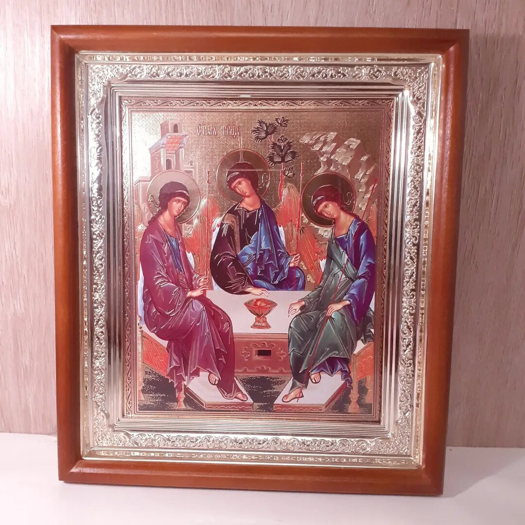 Icon Wooden Frame Holy Trinity Icon Under Glass With Decoration ...