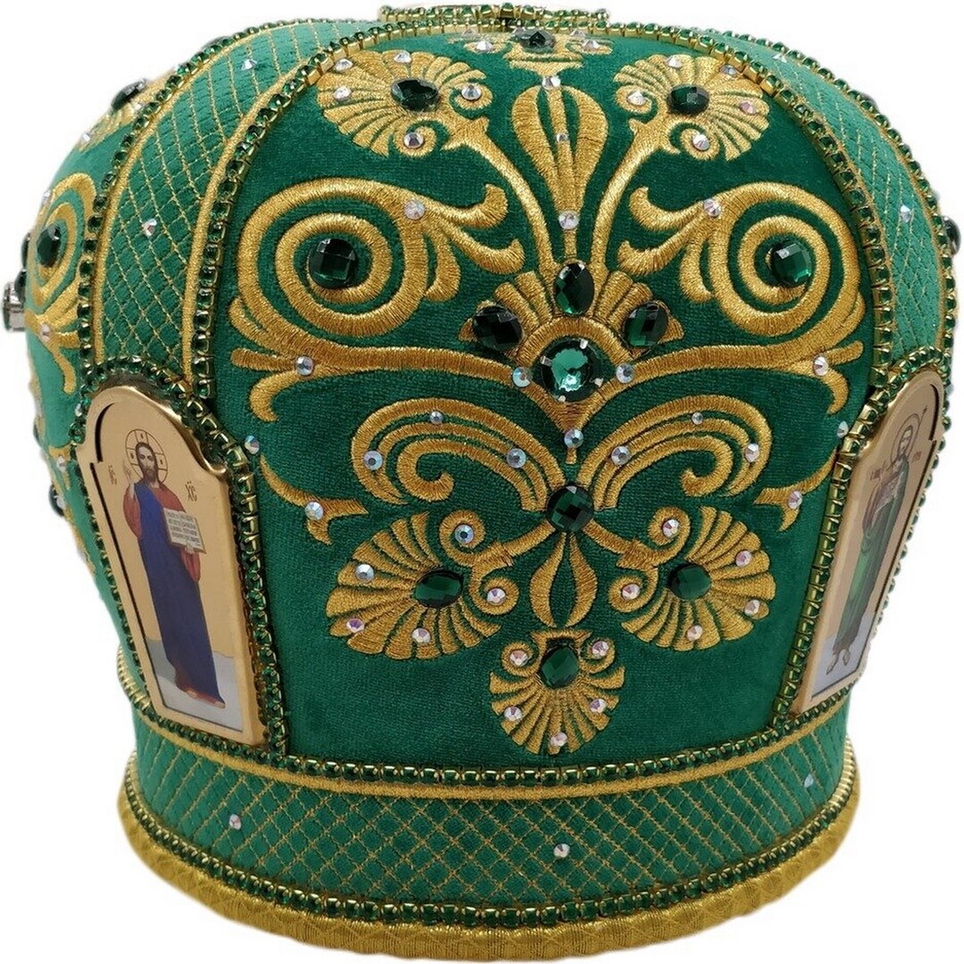 Priest Dark Green-yellow Miter | High-quality Velvet Fabric Miter ...